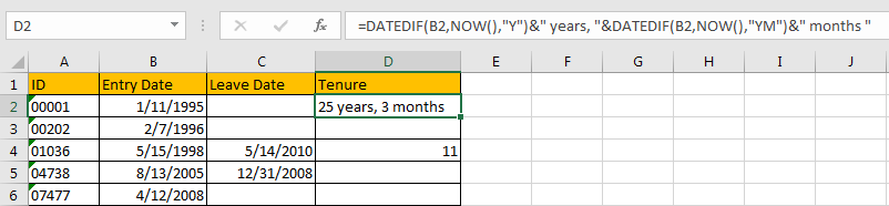 How To Calculate The Tenure For Staff In Months Or Years In Excel 