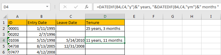 How To Calculate The Tenure For Staff In Months Or Years In Excel 